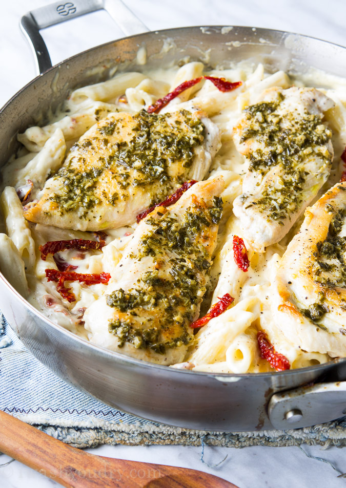 Basil Pesto Chicken With Alfredo Penne And Sun Dried Tomatoes
